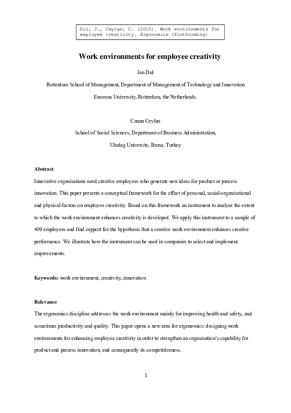 (PDF) 1 Work environments for employee creativity