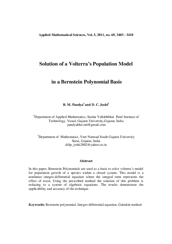 (PDF) Solution of a Volterra’s Population Model in a Bernstein Polynomial Basis: An Advanced Study