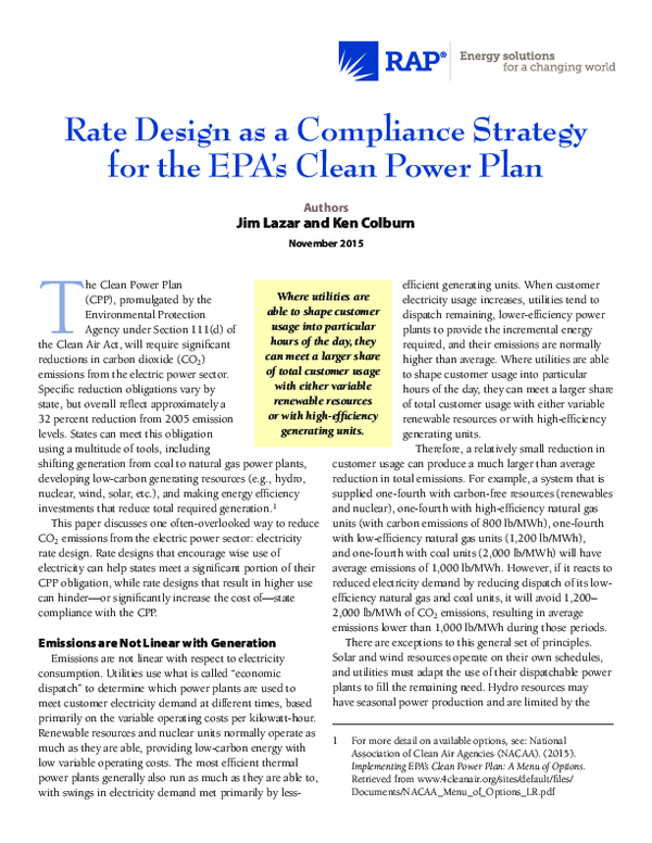 (PDF) Rate Design as a Compliance Strategy for the EPA ’ s Clean Power Plan