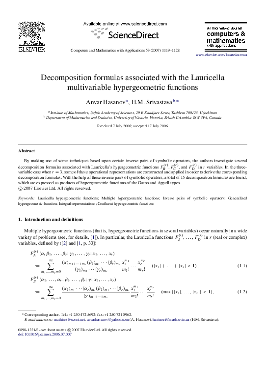 (PDF) Decomposition formulas associated with the Lauricella multivariable hypergeometric functions