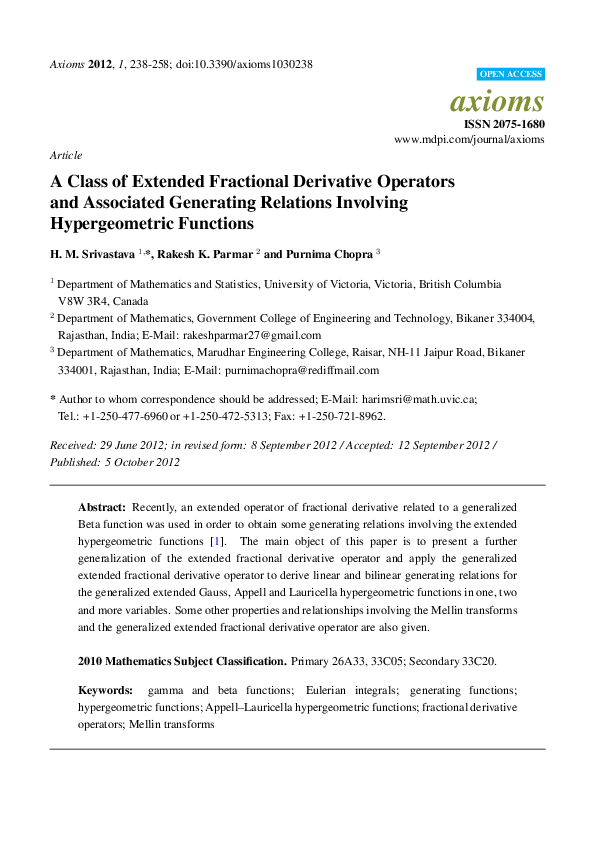 (PDF) A Class of Extended Fractional Derivative Operators and Associated Generating Relations ...