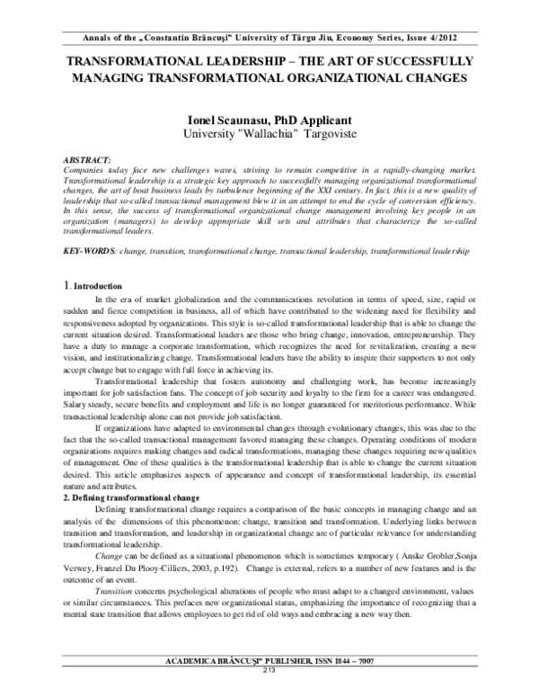 (PDF) Transformational Leadership – the Art of Successfully Managing ...