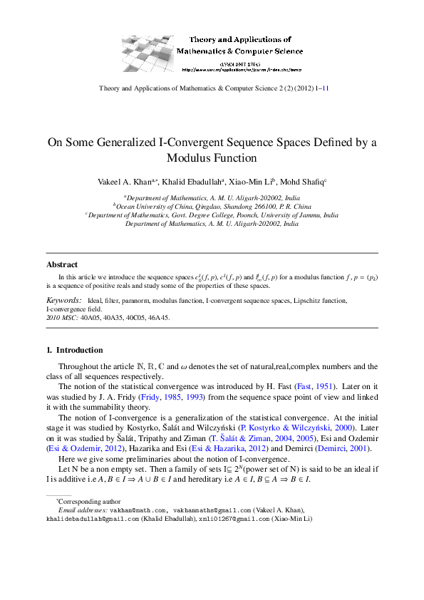 (PDF) On Some Generalized I-Convergent Sequence Spaces Defined by a Modulus Function