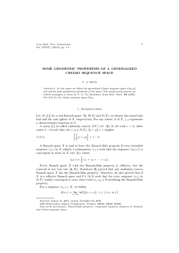 (PDF) 1 Some Geometric Properties of a Generalized Cesàro Sequence Space