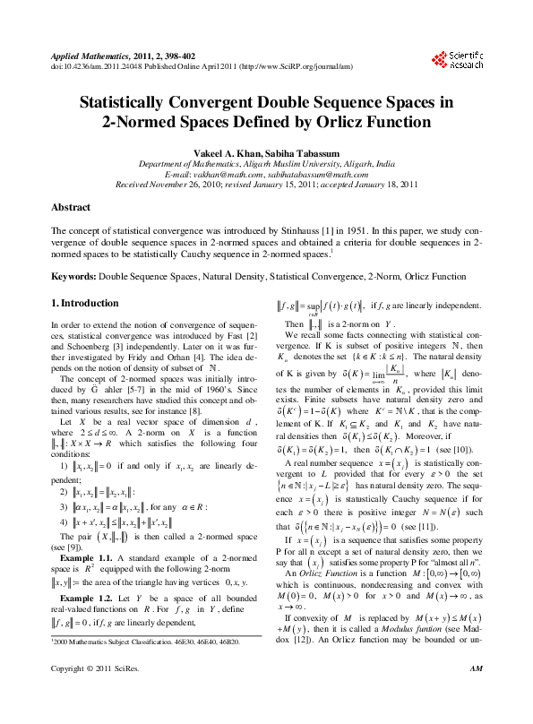 (PDF) Copyright © 2011 SciRes. AM Statistically Convergent Double Sequence Spaces in 2-Normed ...