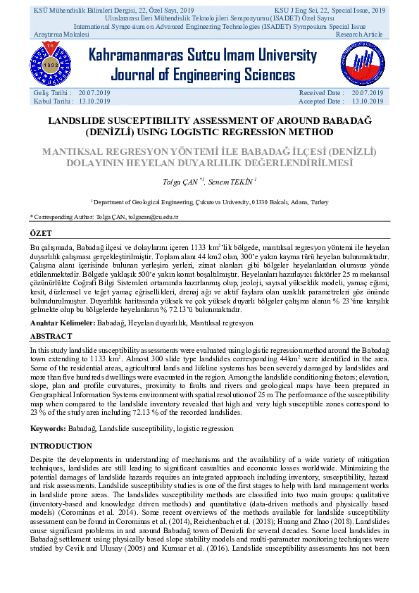 (PDF) Landslide Susceptibility Assessment Around Babadağ (Deni̇zli̇) Town Using Logistic ...