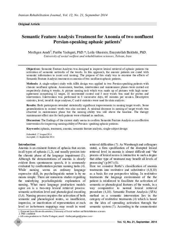 (PDF) Semantic Feature Analysis Treatment for Anomia of Two Nonfluent ...