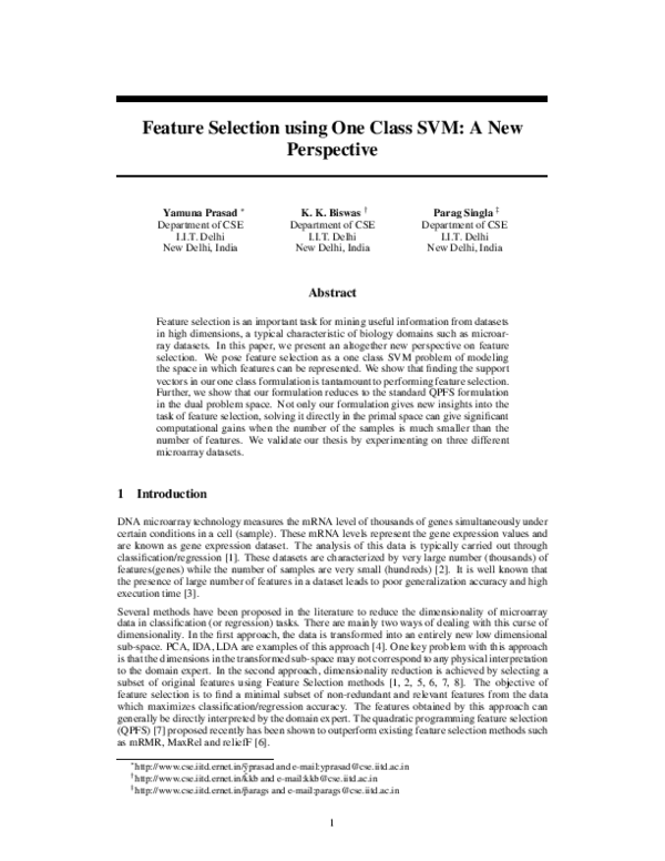 (PDF) Feature Selection using One Class SVM : A New Perspective