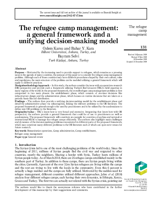 (PDF) The refugee camp management: a general framework and a unifying ...
