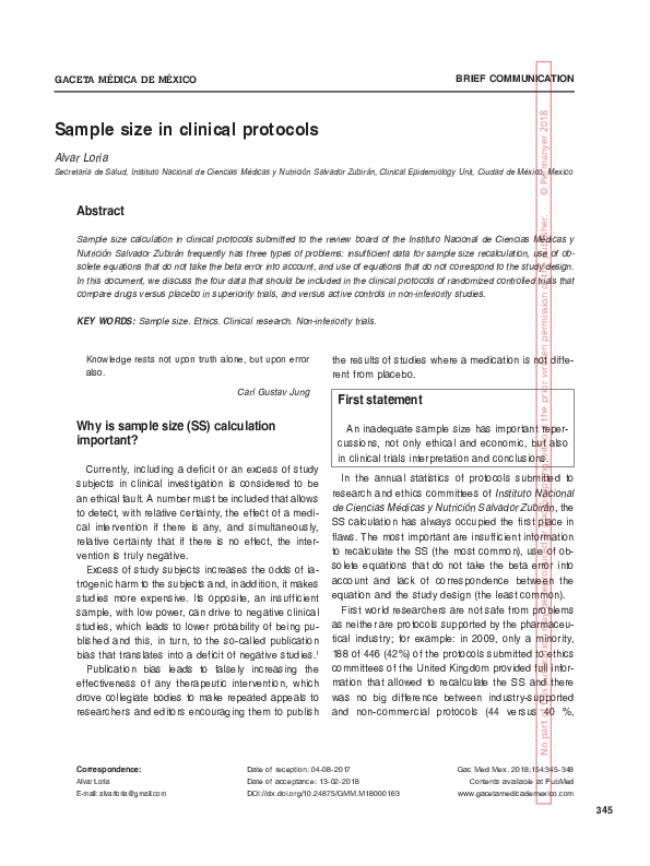 (PDF) Sample size in clinical protocols