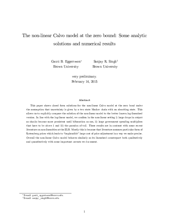 (PDF) The non-linear Calvo model at the zero bound: Some analytic ...