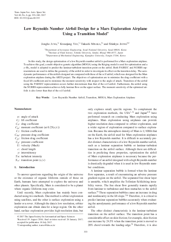 (PDF) Low Reynolds Number Airfoil Design for a Mars Exploration Airplane Using a Transition ...