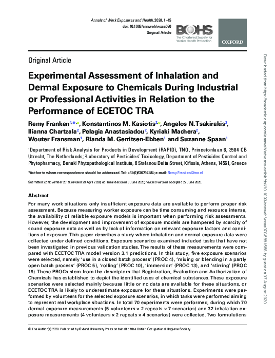 (PDF) Experimental Assessment of Inhalation and Dermal Exposure to ...