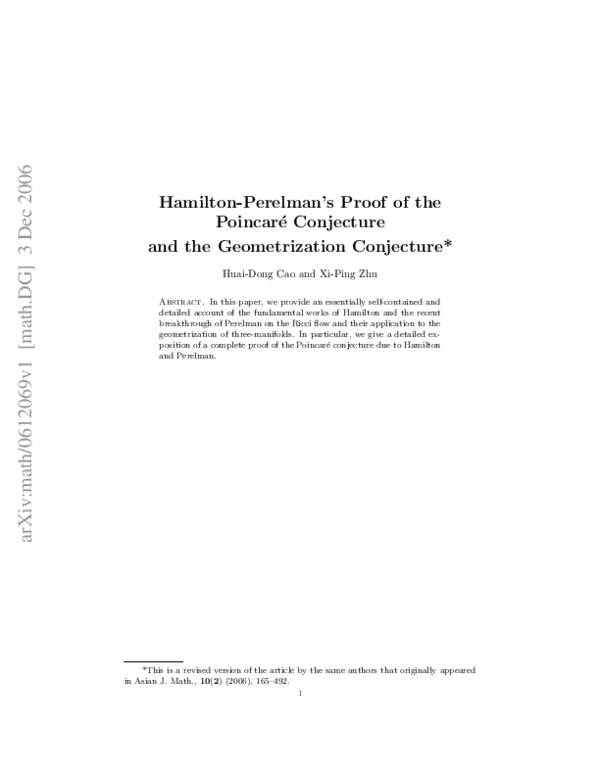 (PDF) Hamilton-Perelman's Proof of the Poincar\'e Conjecture and the ...