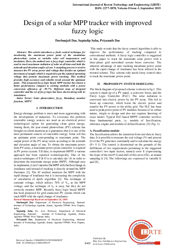 Pdf Design Of A Solar Mpp Tracker With Improved Fuzzy Logic