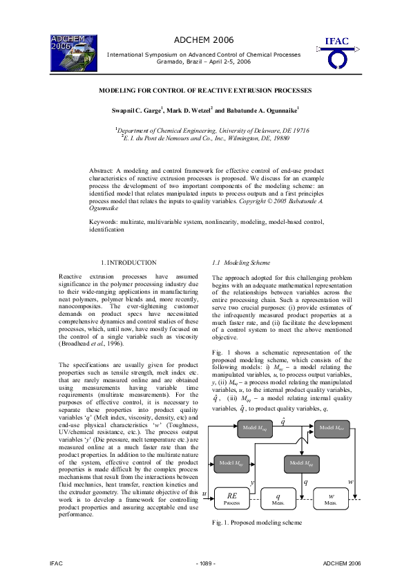 (PDF) Modeling for Control of Reactive Extrusion Processes