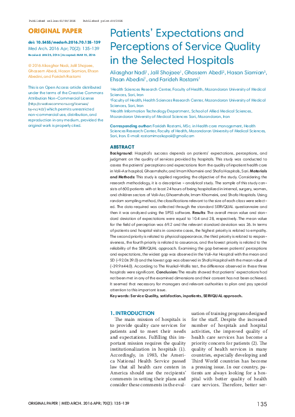 (PDF) Patients' Expectations and Perceptions of Service Quality in the Selected Hospitals