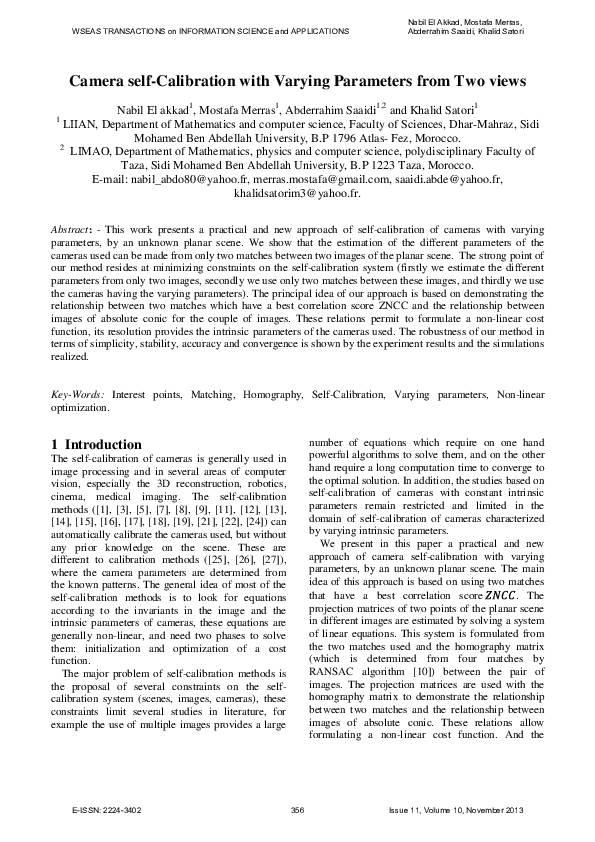 (PDF) Camera self-Calibration with Varying Parameters from Two views