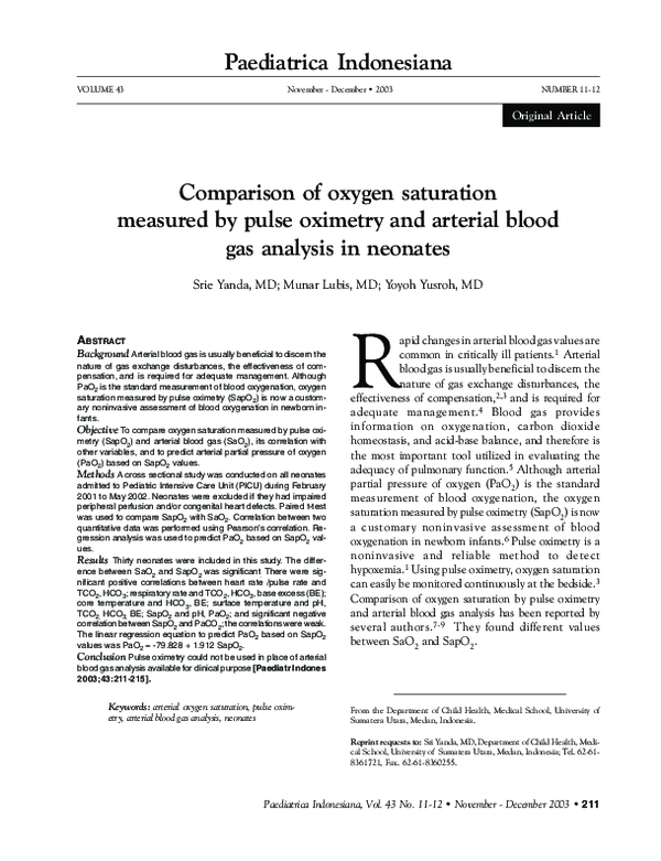 (PDF) Comparison of Oxygen Saturation Measured by Pulse Oximetry and ...