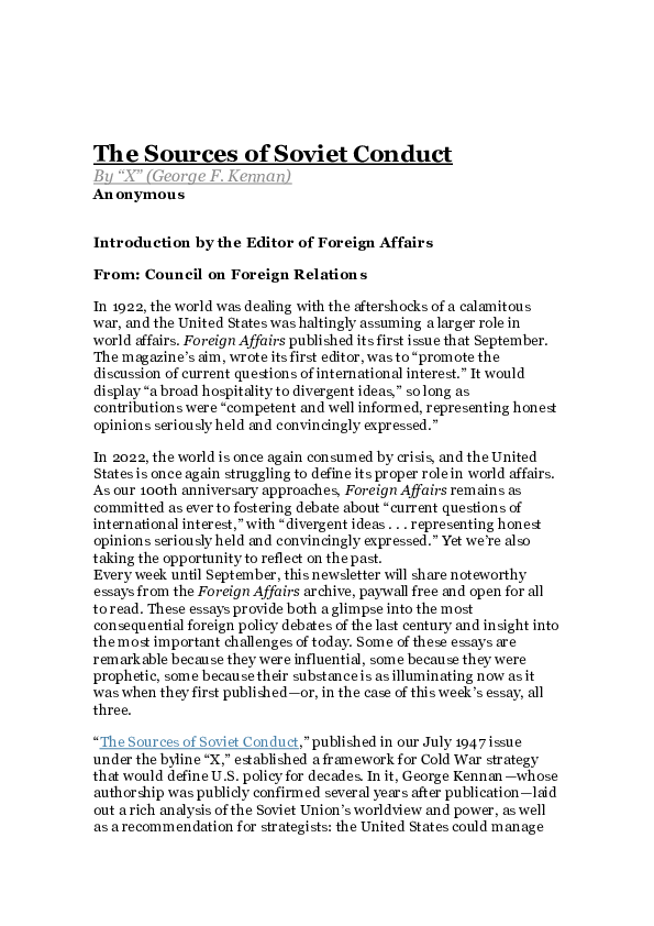 (PDF) The Sources of Soviet Conduct, by X (George Kennan) - Foreign ...