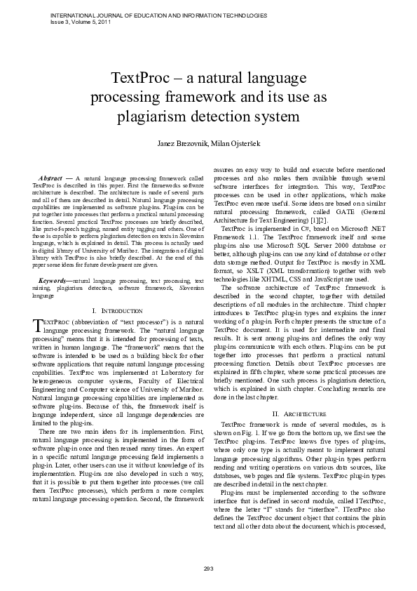Pdf Textproc A Natural Language Processing Framework And Its Use As Plagiarism Detection System