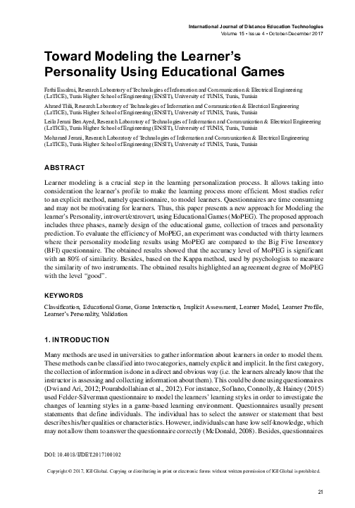 (PDF) Toward Modeling the Learner's Personality Using Educational Games