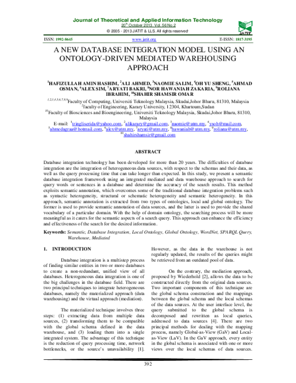 (PDF) A NEW DATABASE INTEGRATION MODEL USING AN ONTOLOGY-DRIVEN MEDIATED WAREHOUSING APPROACH