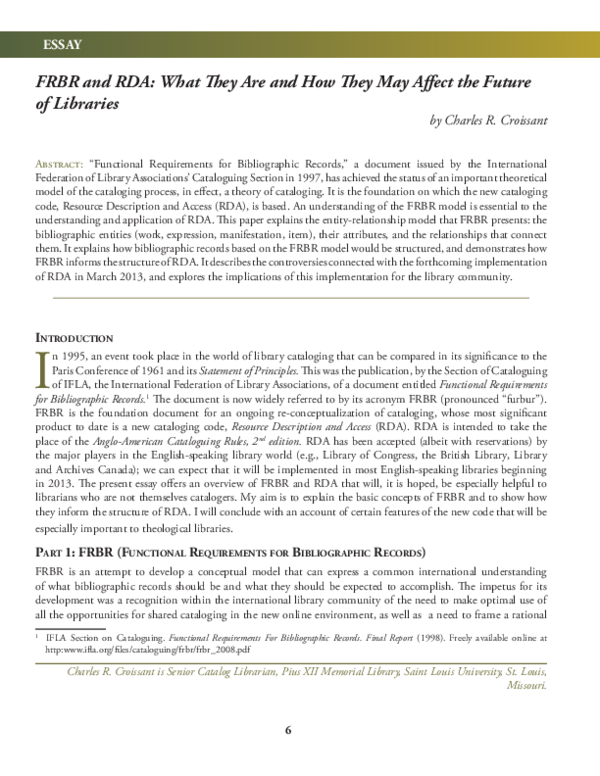 (PDF) FRBR and RDA: What They Are and How They May Affect the Future of ...