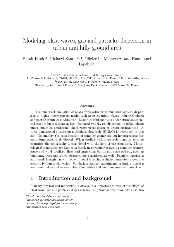 (PDF) Modeling blast waves, gas and particles dispersion in urban and hilly ground areas