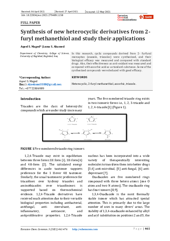 (PDF) Synthesis of new heterocyclic derivatives from 2-furyl methanethiol and study their ...