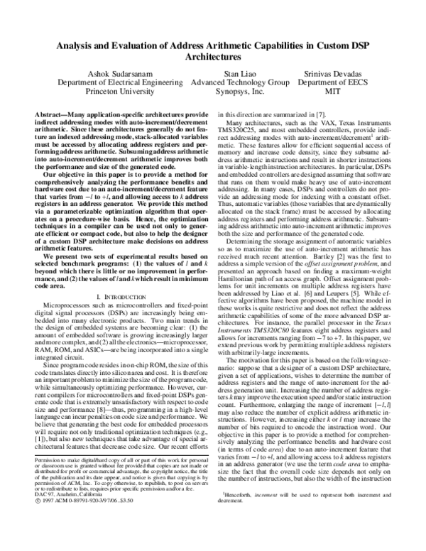 Pdf Analysis And Evaluation Of Address Arithmetic Capabilities In Custom Dsp Architectures