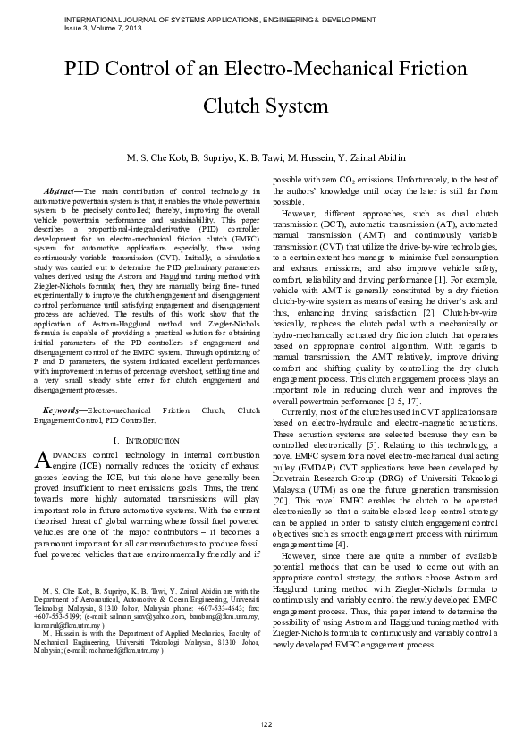 (PDF) PID control of an electro-mechanical friction clutch system