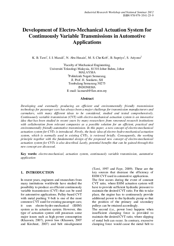 (PDF) Development of electro-mechanical actuation system for continuously variable transmissions ...