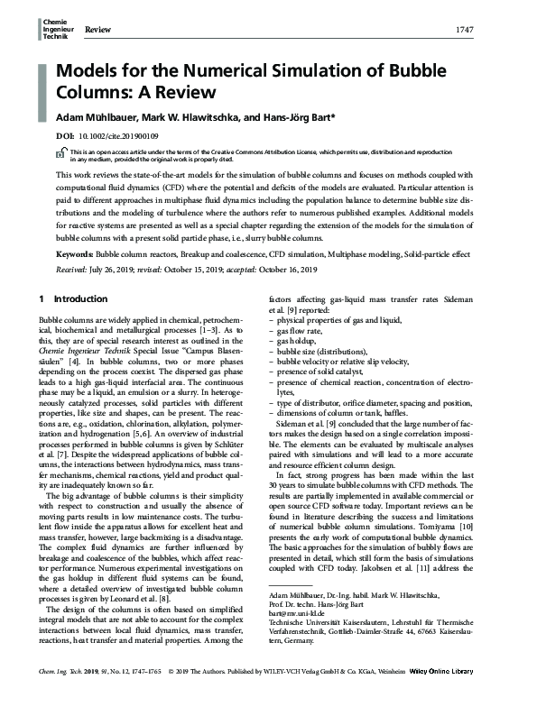 Pdf Models For The Numerical Simulation Of Bubble Columns A Review