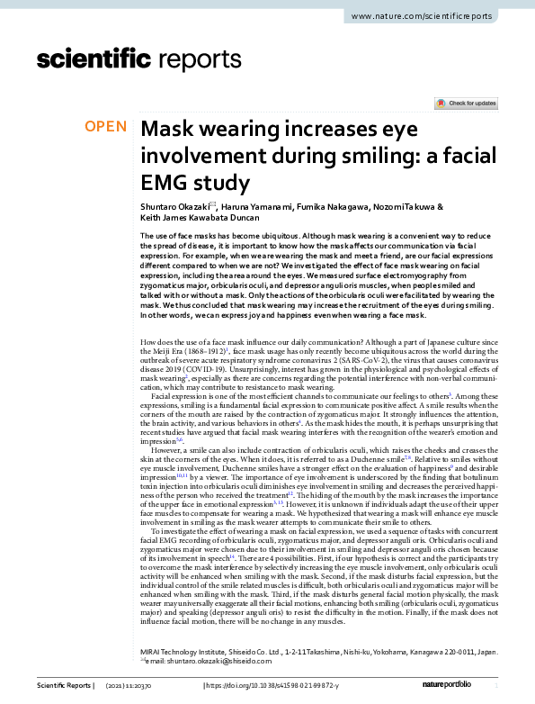 (PDF) Mask wearing increases eye involvement during smiling: a facial ...