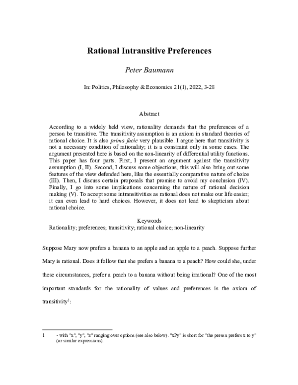 (PDF) Rational Intransitive Preferences | Peter Baumann - Academia.edu