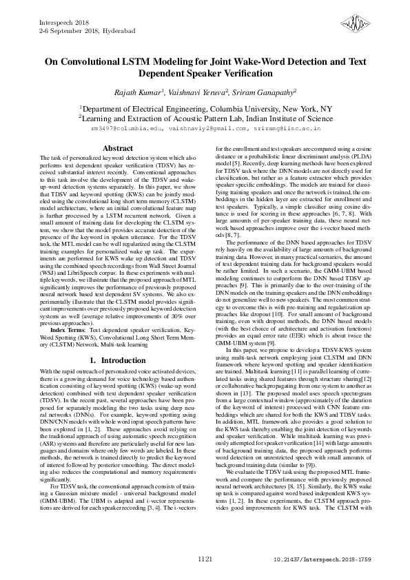 (PDF) On Convolutional LSTM Modeling for Joint Wake-Word Detection and Text Dependent Speaker ...