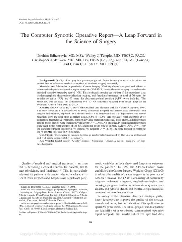 (PDF) The Computer Synoptic Operative Report—A Leap Forward in the ...