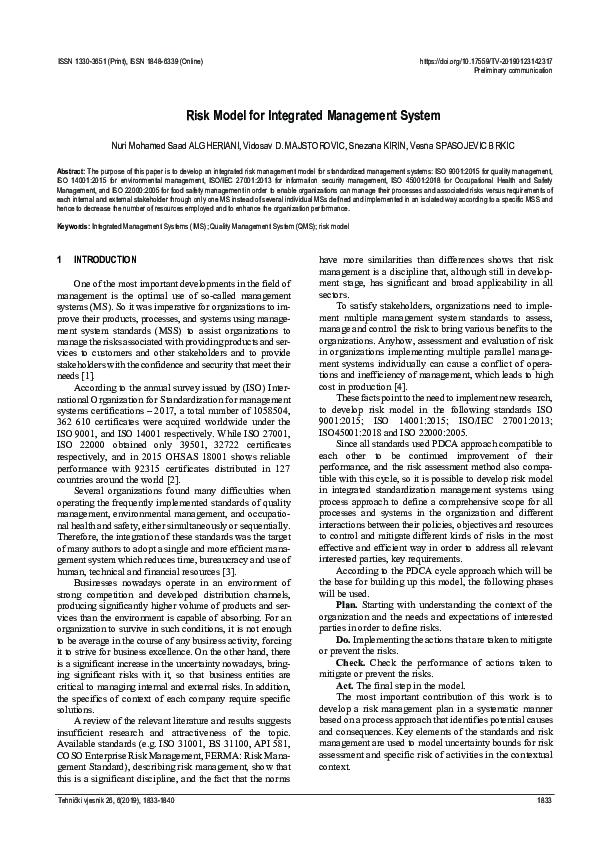 (PDF) Risk Model for Integrated Management System