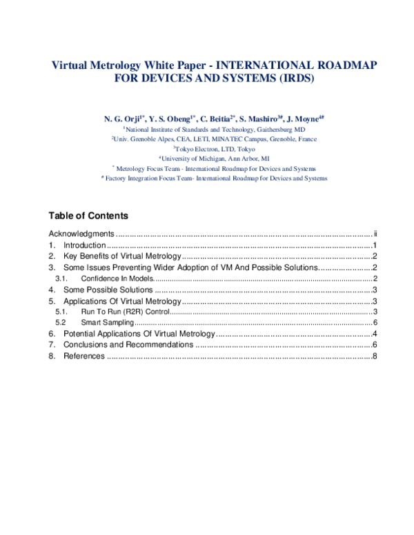 (PDF) Virtual Metrology White Paper - INTERNATIONAL ROADMAP FOR DEVICES ...