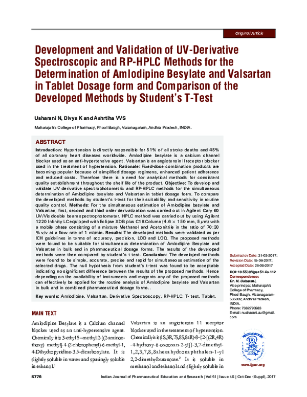 Pdf Development And Validation Of Uv Derivative Spectrophotometric Method For Determination Of