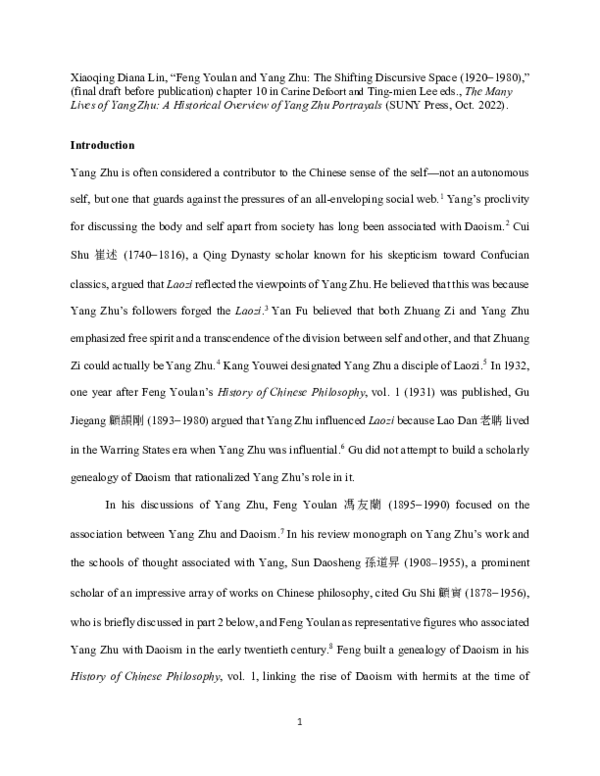 (PDF) Xiaoqing Diana Lin, “Feng Youlan and Yang Zhu: The Shifting ...