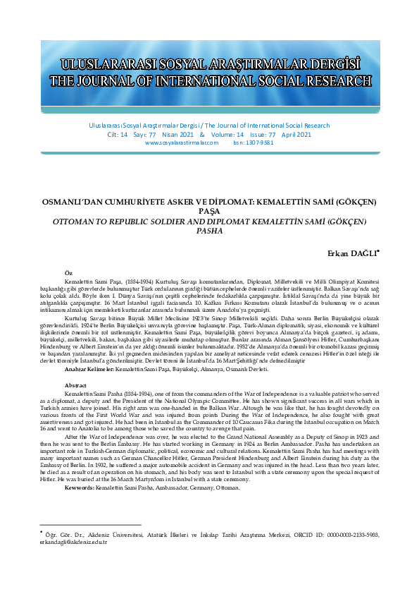 (PDF) OSMANLI'DAN CUMHURİYETE ASKER VE DİPLOMAT: KEMALETTİN SAMİ ...