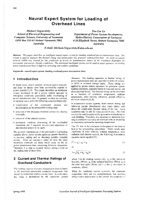 (PDF) Neural expert system for loading of overhead lines