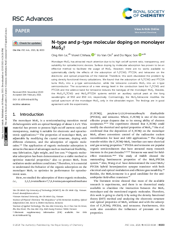 (PDF) N-type and p-type molecular doping on monolayer MoS2 | Vo Van On ...