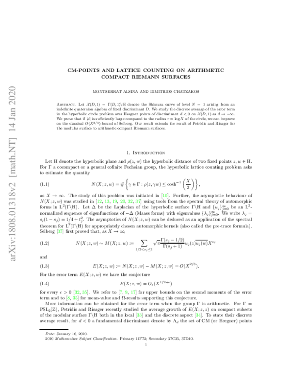 Pdf Cm Points And Lattice Counting On Arithmetic Compact Riemann Surfaces