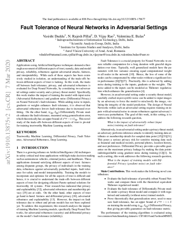 Pdf Fault Tolerance Of Neural Networks In Adversarial Settings Valentina Emilia Balas
