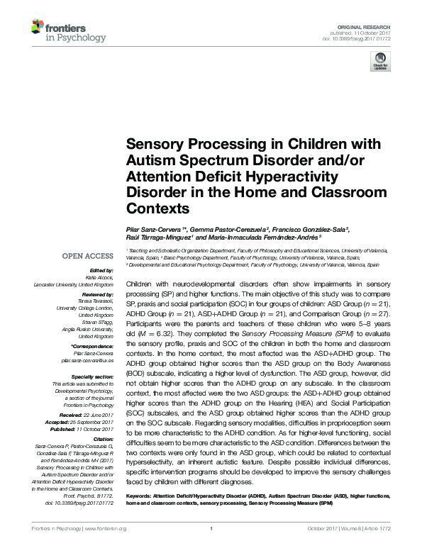 (PDF) Sensory Processing in Children with Autism Spectrum Disorder and/or Attention Deficit ...