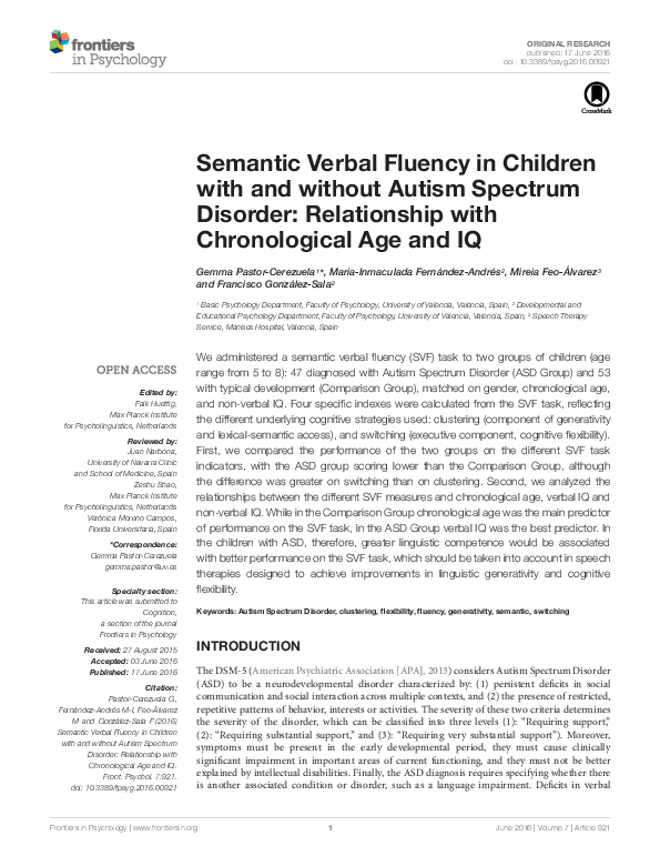 (PDF) Semantic Verbal Fluency in Children with and without Autism ...