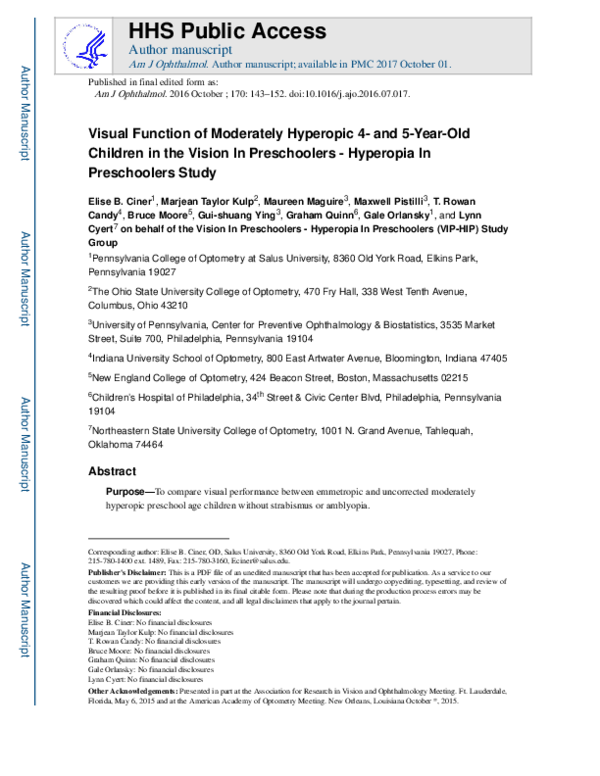 (PDF) Visual Function of Moderately Hyperopic 4- and 5-Year-Old ...